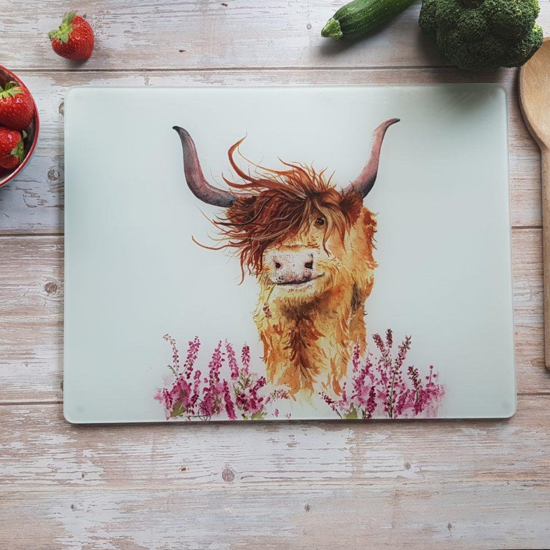 Pretty Highland Cow Glass Worktop Protector Cute Cow Cutting Board ...