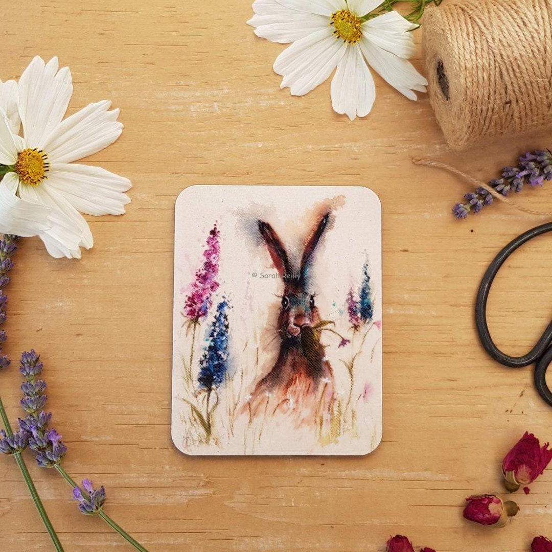 Pretty Hare Coaster With Blue and Pink Flowers Gift for Bunny Lover ...