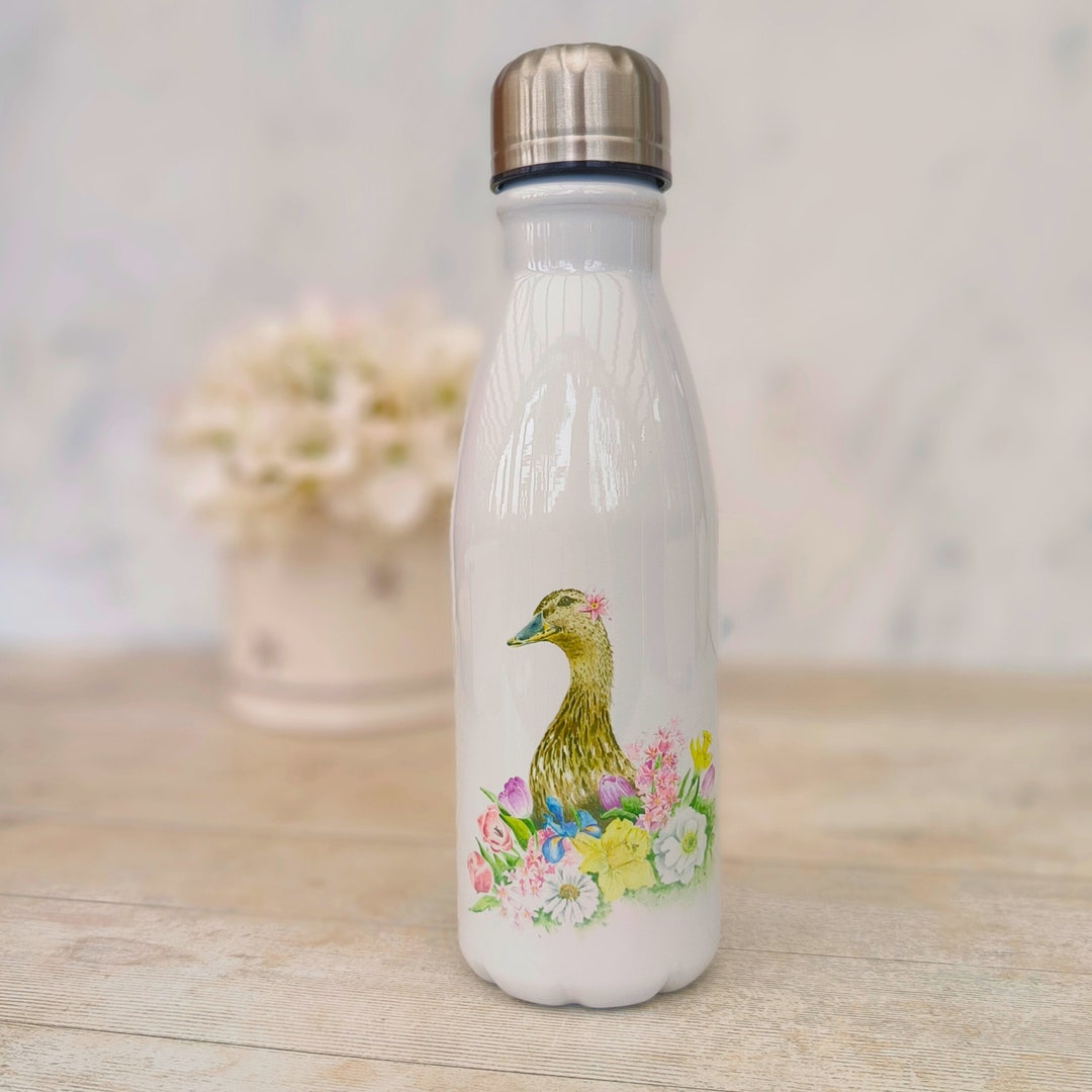 Pretty Duck Water Bottle With Spring Flowers, Cute Personalised Water ...