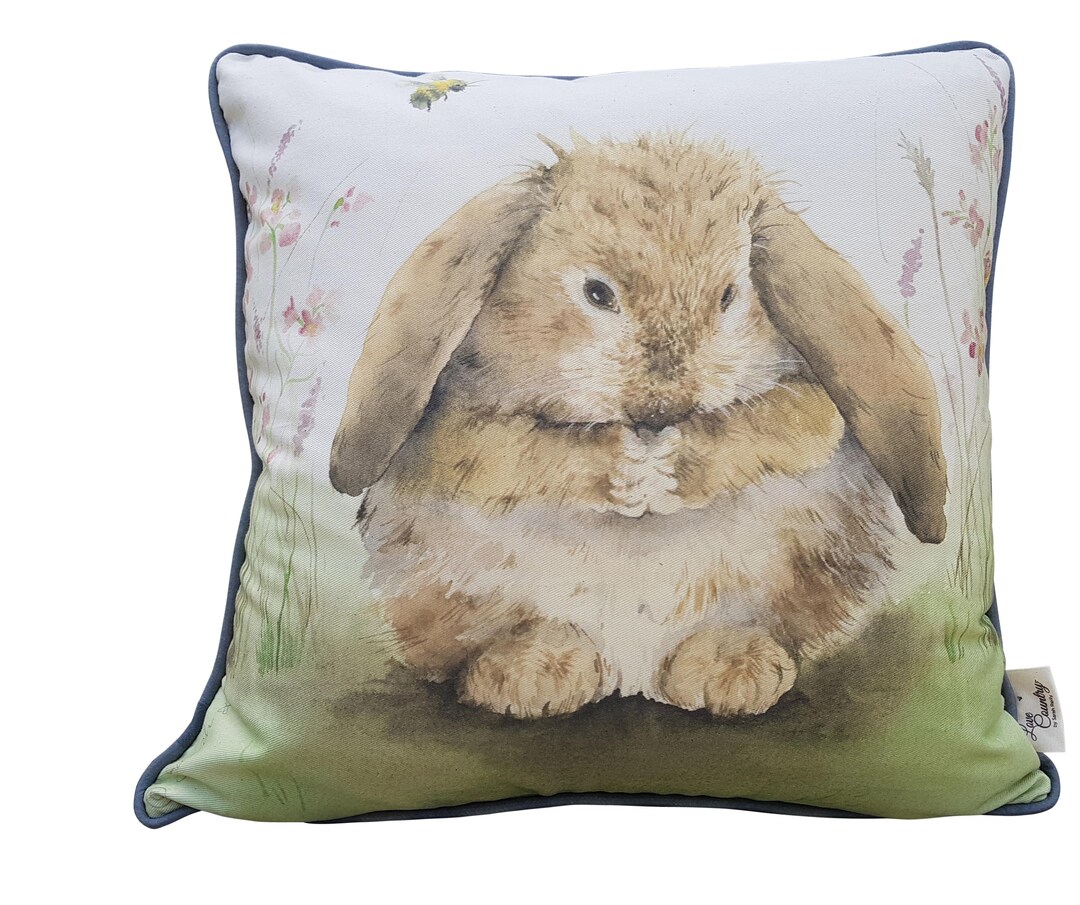 Cute Bunny Cushion With Bees and Pink Flowers Luxury Piped 18 Inch ...