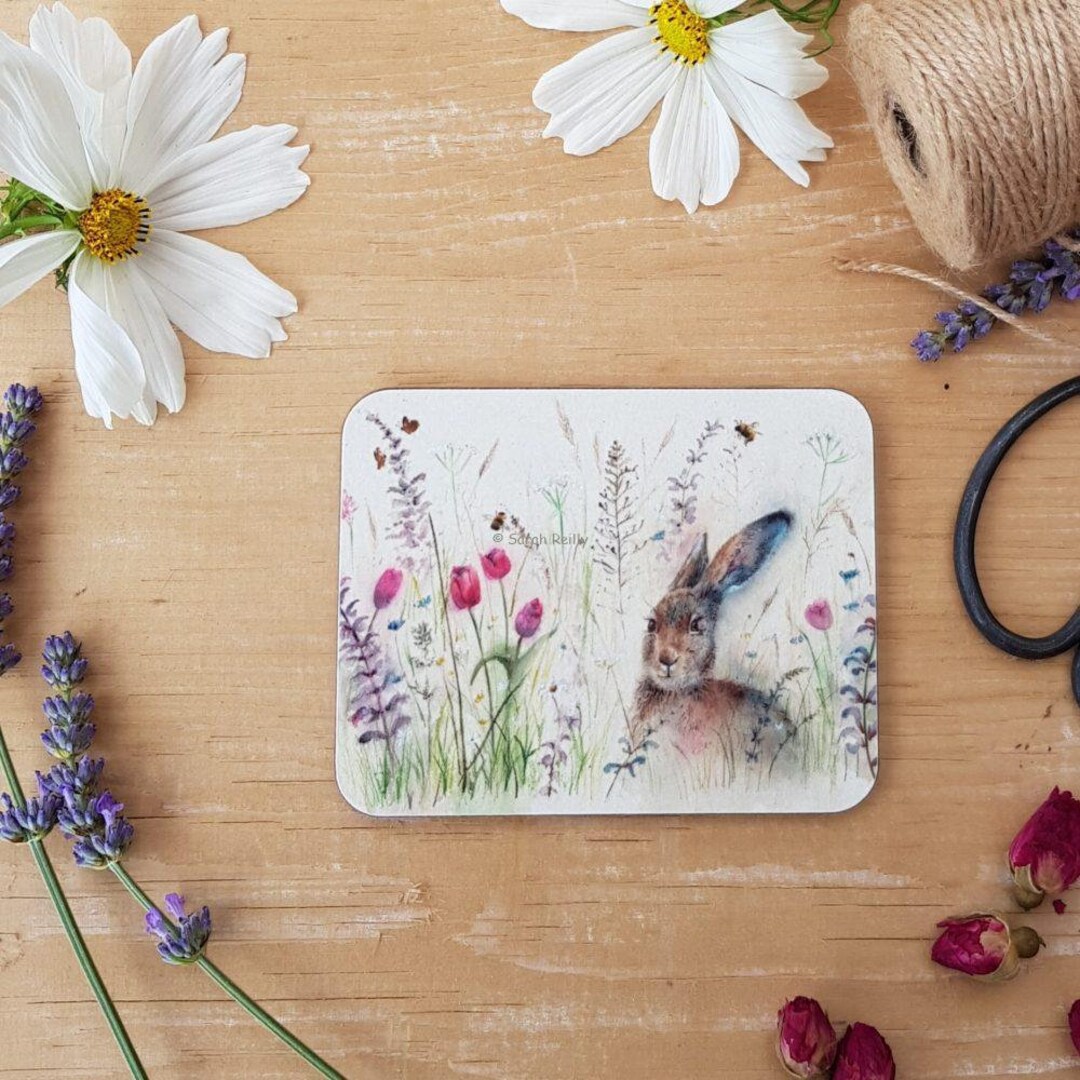 Pretty Hare Coaster With Spring Flowers Country Home Gift for Her Hare ...