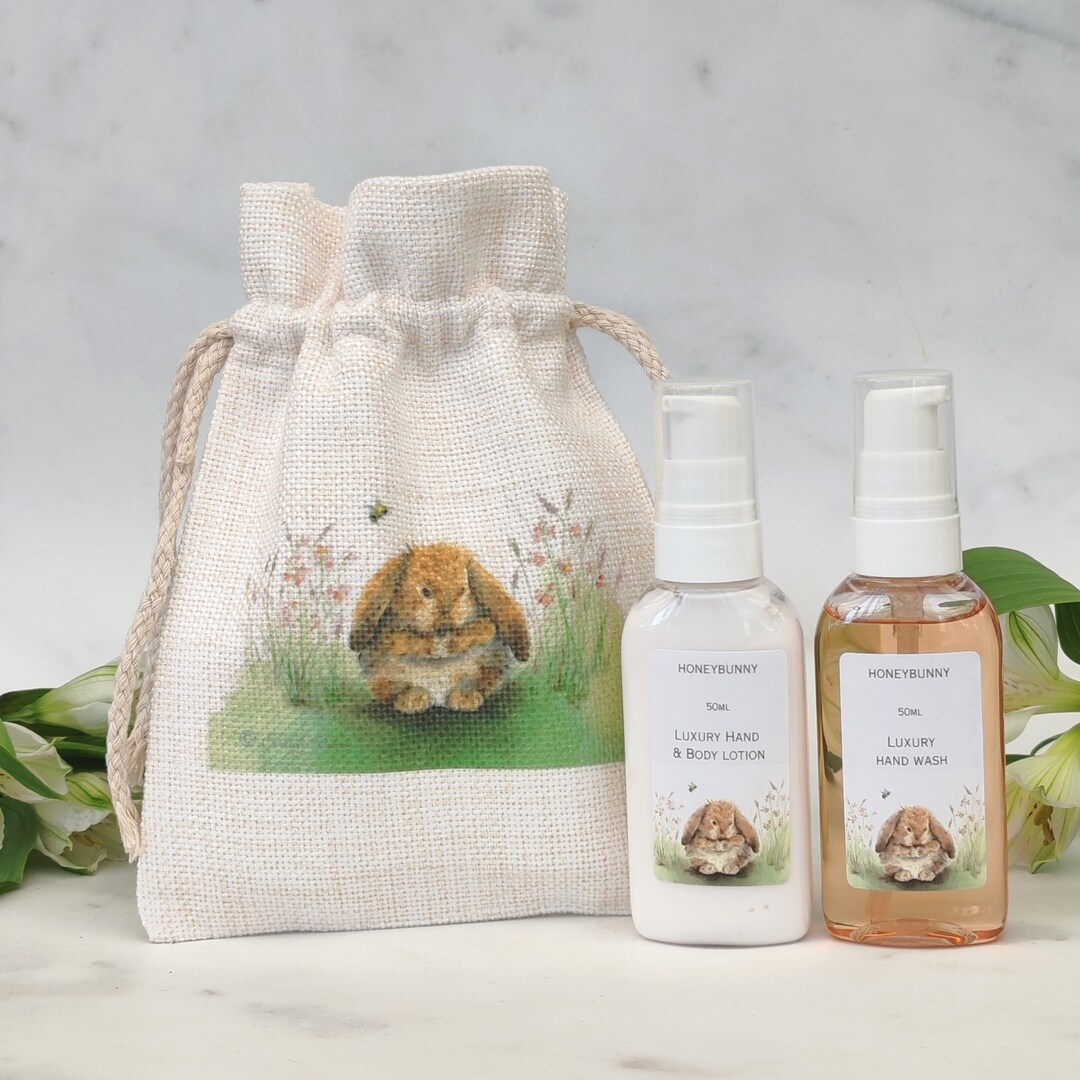 CUTE Bunny - Hand Wash & Lotion Gift Set With Matching Linen Bag, Pink ...