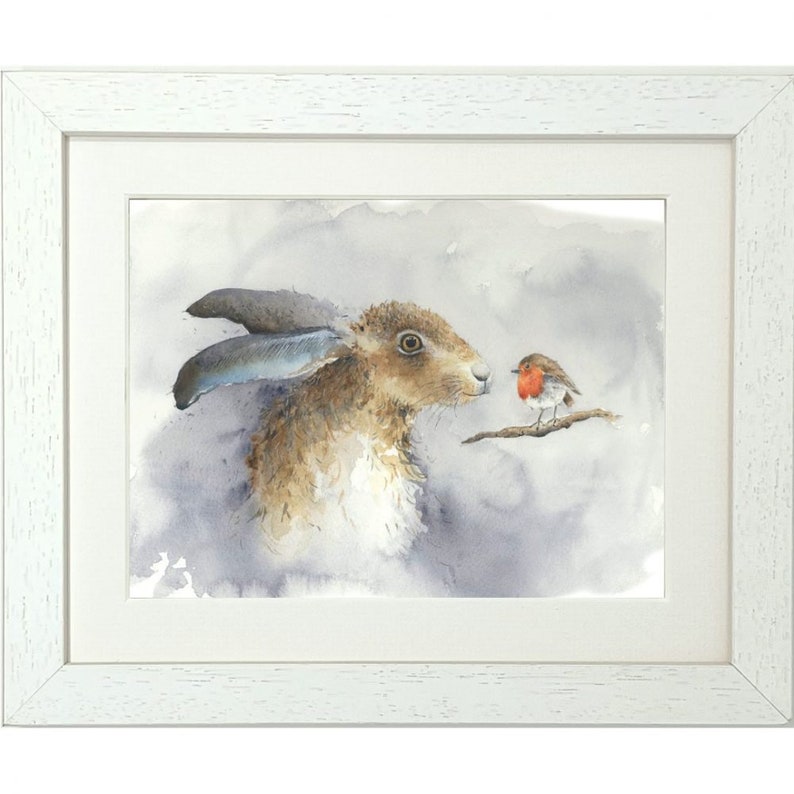 Hare and Robin Framed Watercolour Print (landscape) Hare Painting Robin ...