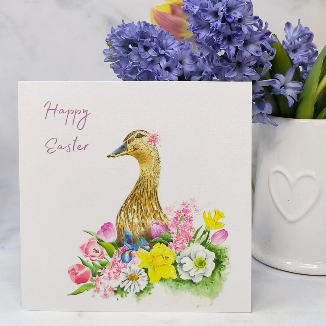 Easter Card Duck Greeting Card Spring Flowers Pretty Duck Gift - Etsy