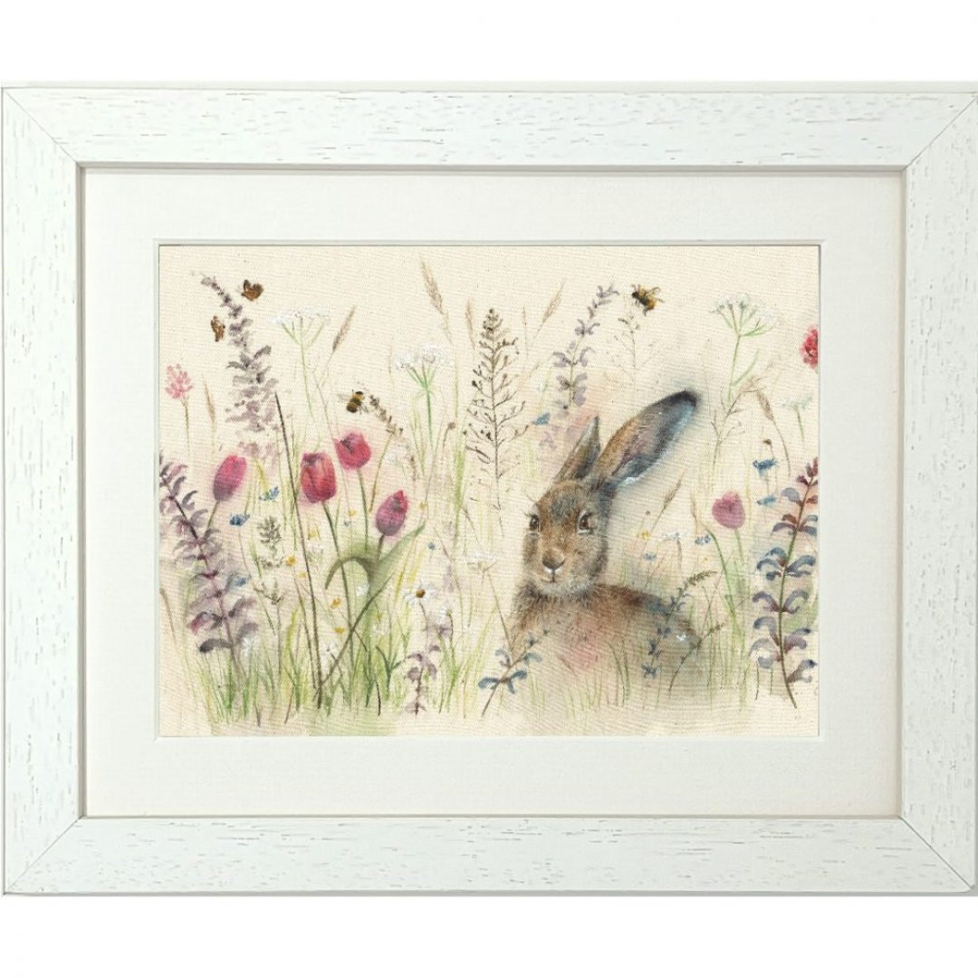 PRETTY Hare in Wildflowers Picture, Cute Hare Framed Print Watercolour ...