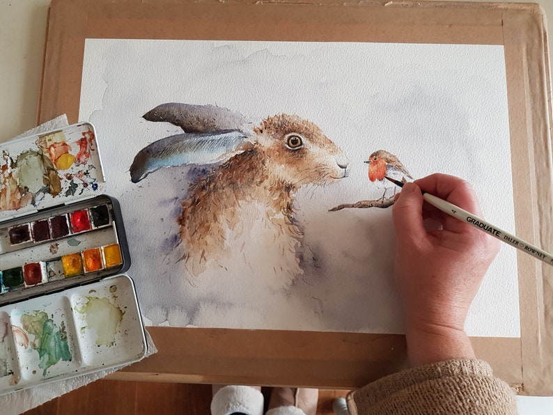 Hare and Robin Framed Watercolour Print (landscape) Hare Painting Robin ...