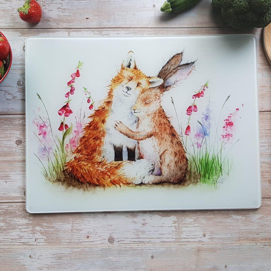 Cuddling Fox and Hare Cute Glass Worktop Protector Pretty Cutting Board ...