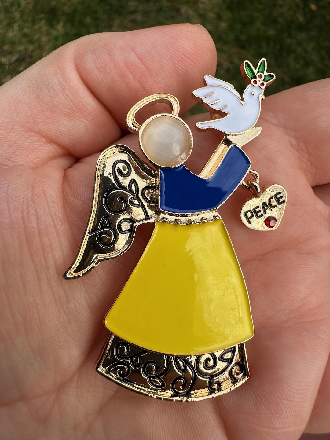Ukrainian Blue and Yellow Angel Holding Peace Dove Brooch, Ukrainian ...
