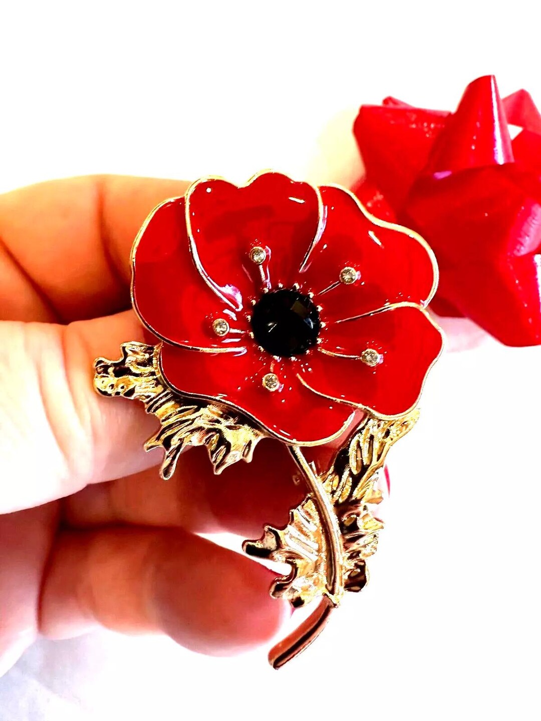 Ukrainian Red Poppy Rhinestone Brooch: 24K Gold Plated Enamel Flower ...