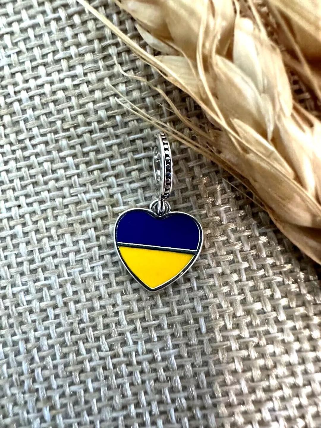 Ukrainian Flag Dangle Bead Charm, 925 Sterling Silver Ukrainian Blue & Yellow Heart Pendant ...