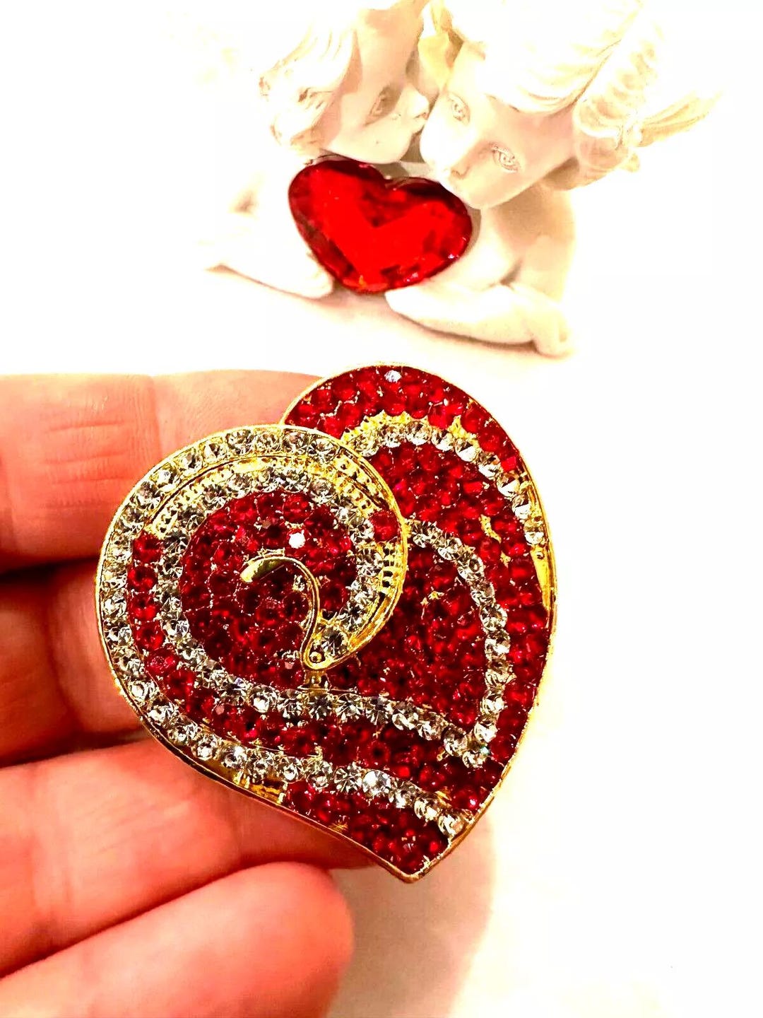 Heart Brooch, Red Rhinestone Heart Brooch, Red Heart Brooch, Heart Pin ...