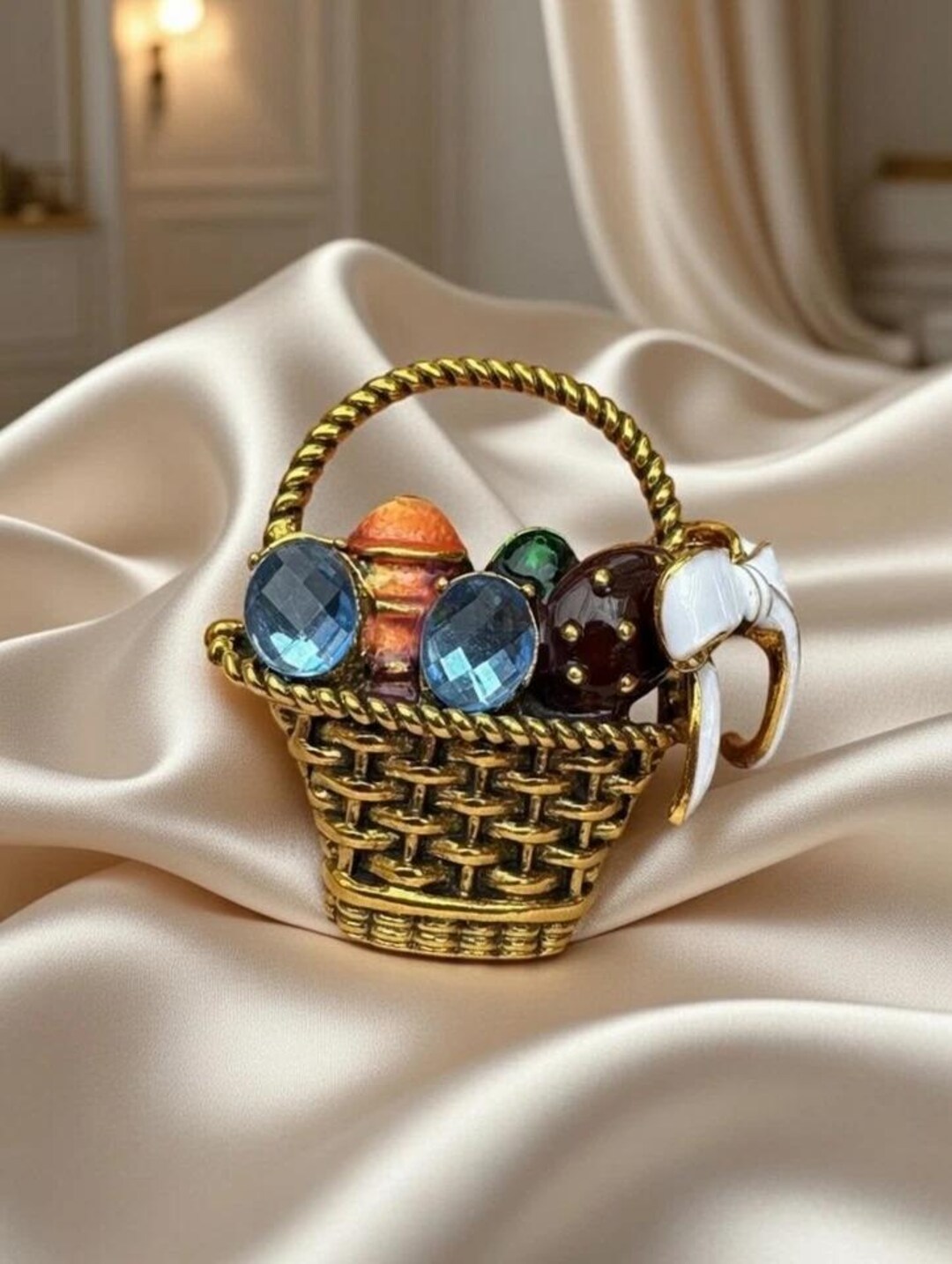 Vintage Enamel Easter Basket Brooch – 1.98" Rhinestone Egg Pin - Etsy