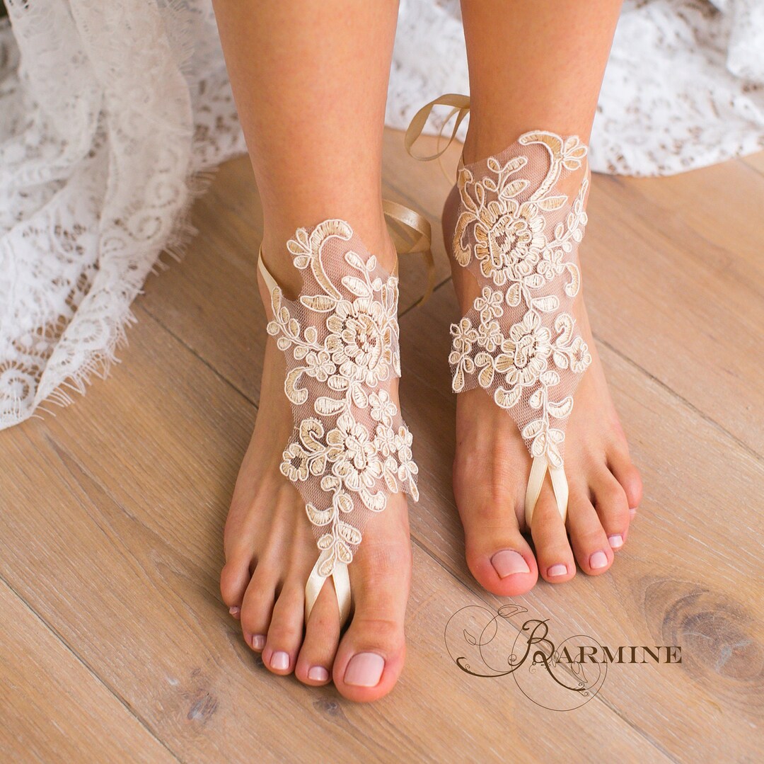 Lace Barefoot Sandals, Bridal Footless Sandals, Champagne Lace Bridal ...