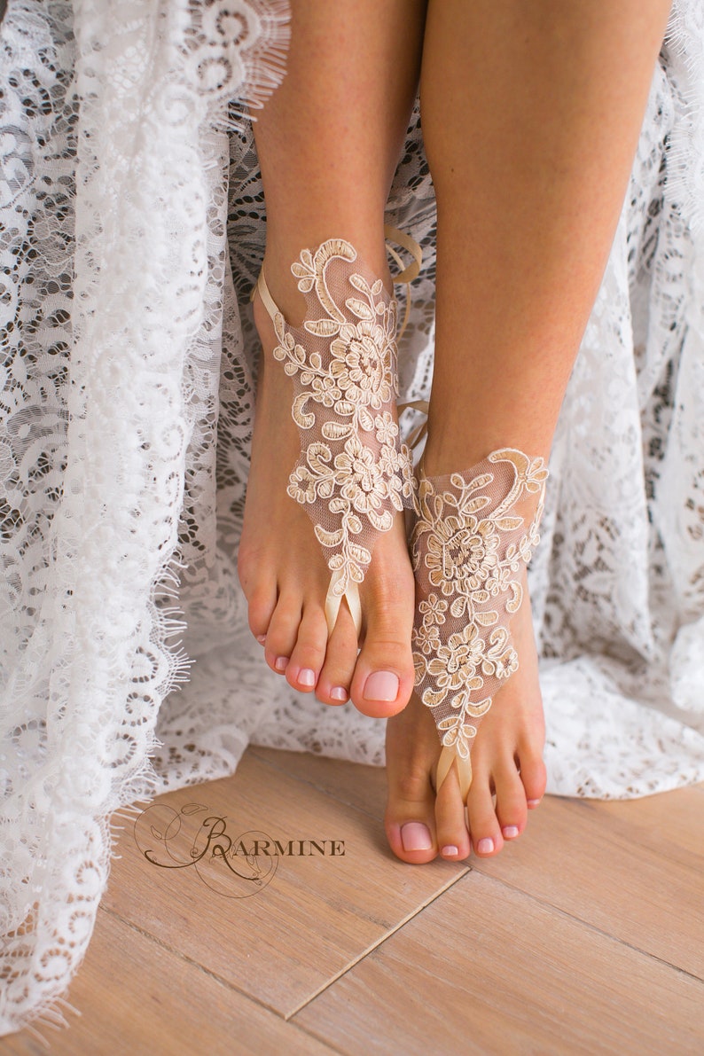 Lace Barefoot Sandals, Bridal Footless Sandals, Champagne Lace Bridal ...