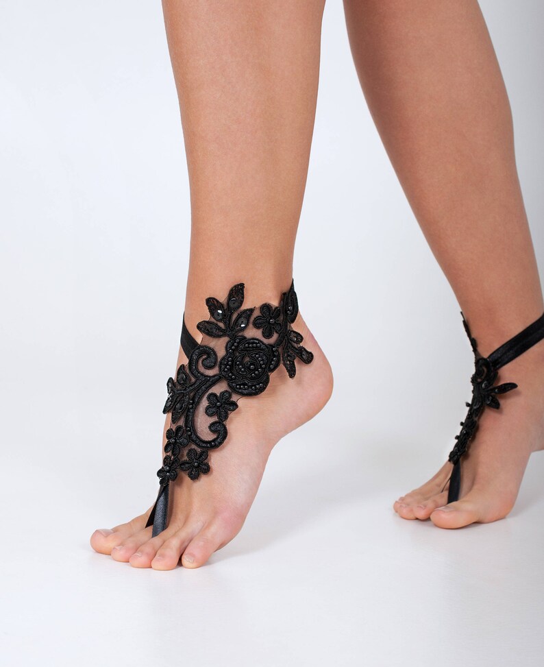 Black Beaded Lace Barefoot Sandals Footless Sandals Nude | Etsy