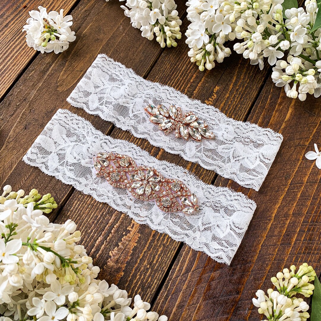 Rose Gold Jewelled Bridal Garter, Wedding Garter, Stretch Lace Garter ...