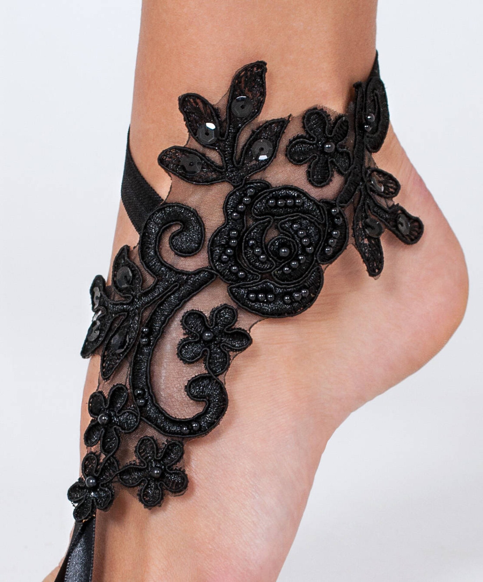 Black Beaded Lace Barefoot Sandals Footless Sandals Nude | Etsy