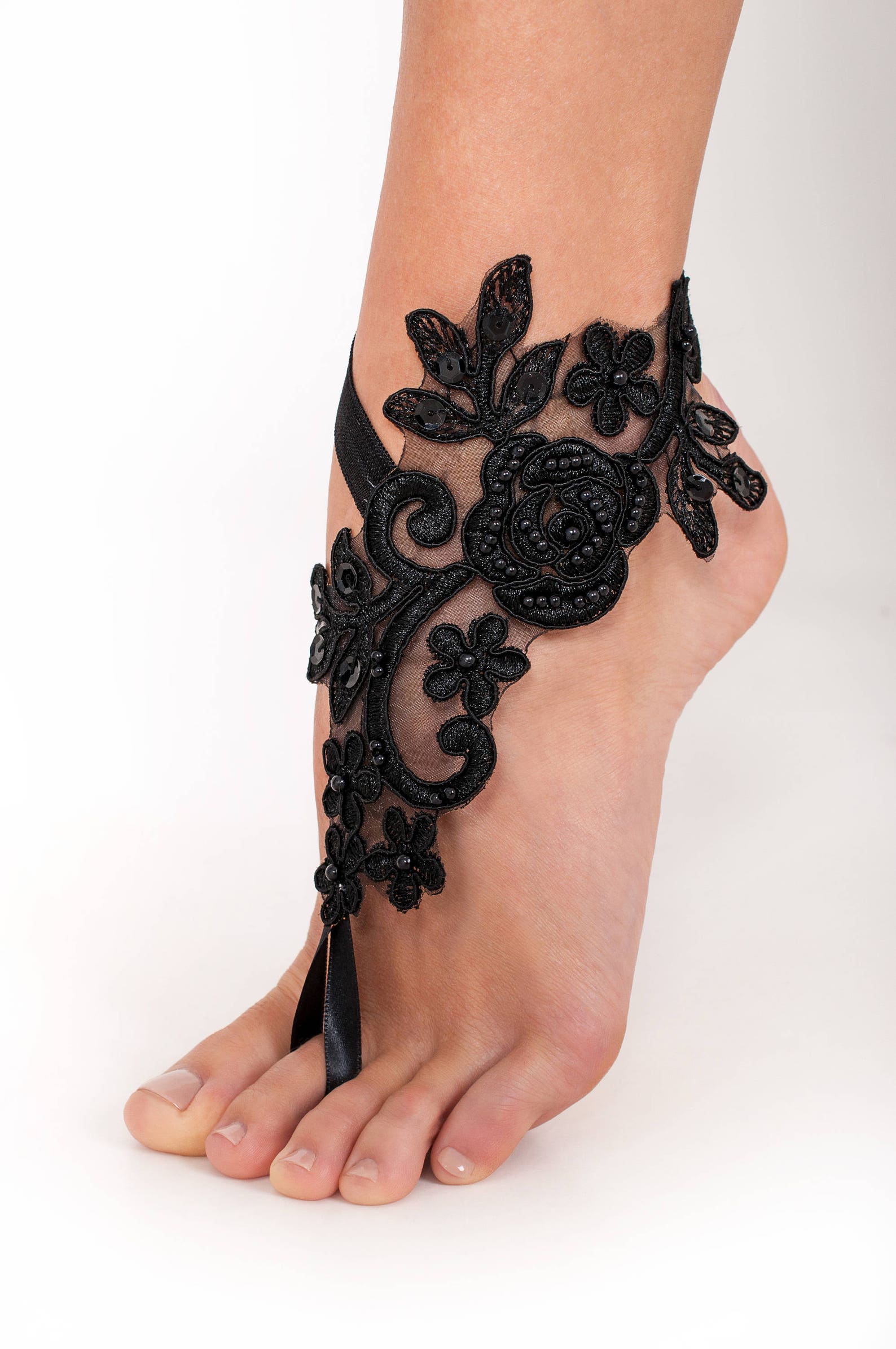 Black Beaded Lace Barefoot Sandals Footless Sandals Nude | Etsy