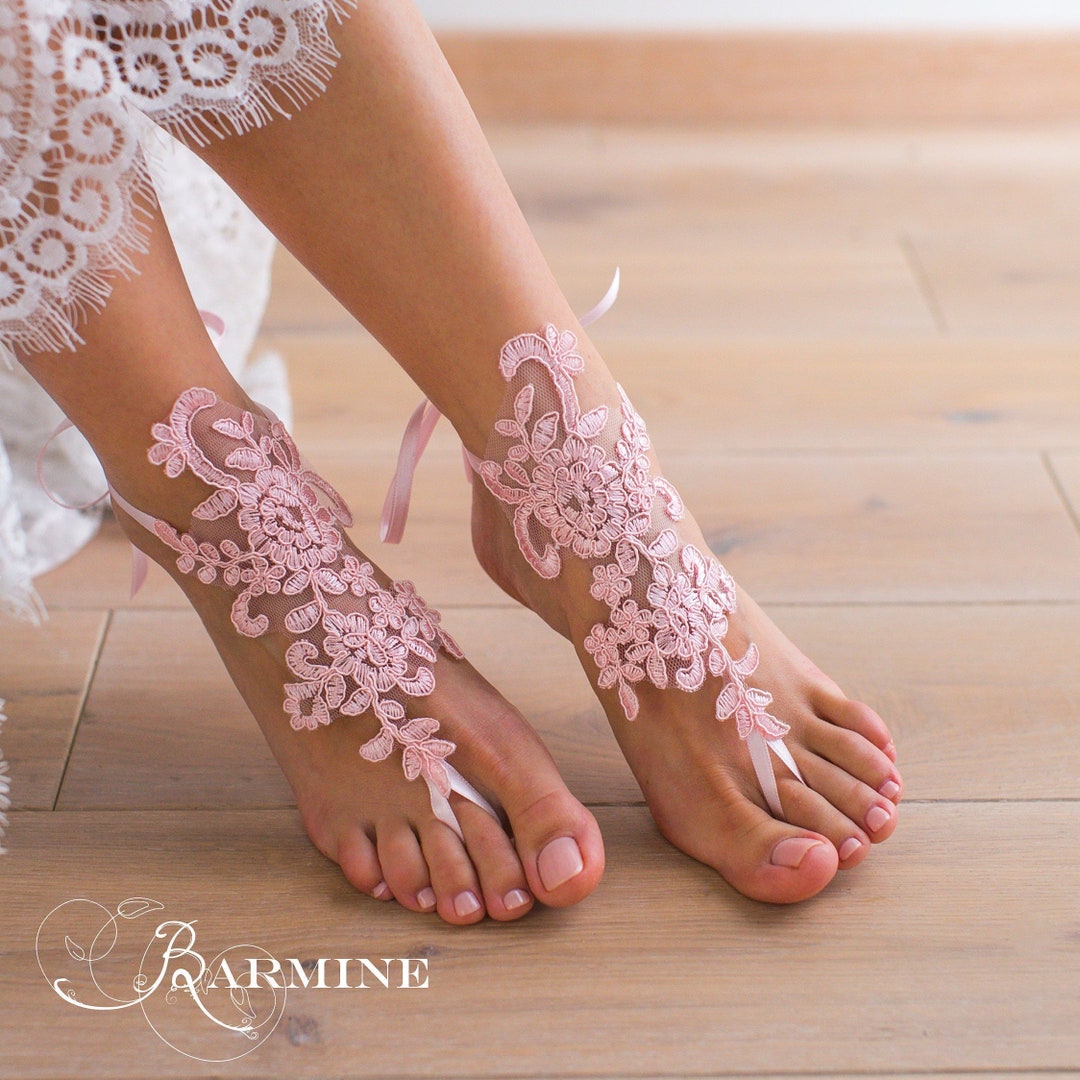 Lace Barefoot Sandals, Bridal Footless Sandals, Pink Lace Bridal Shoes ...