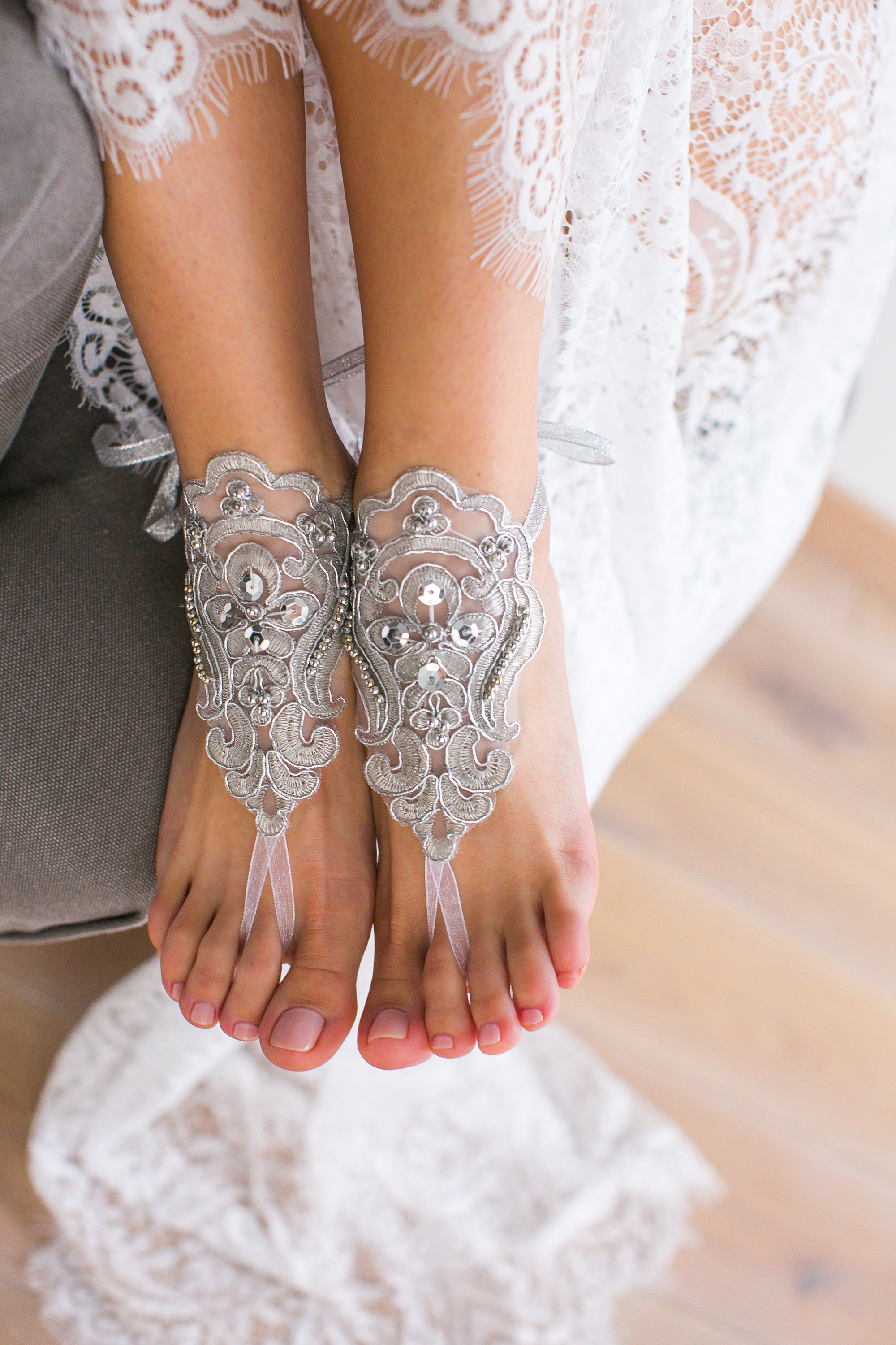 Silver Beaded Lace Barefoot Sandals, Bridal Footless Sandals, Vintage ...