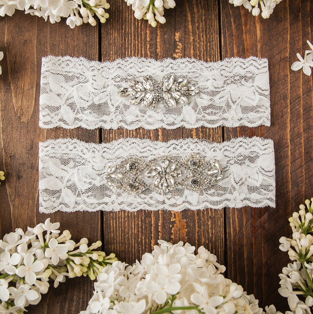 Jewel Bridal Garter, Wedding Garter, Stretch Lace Garter Set in White ...