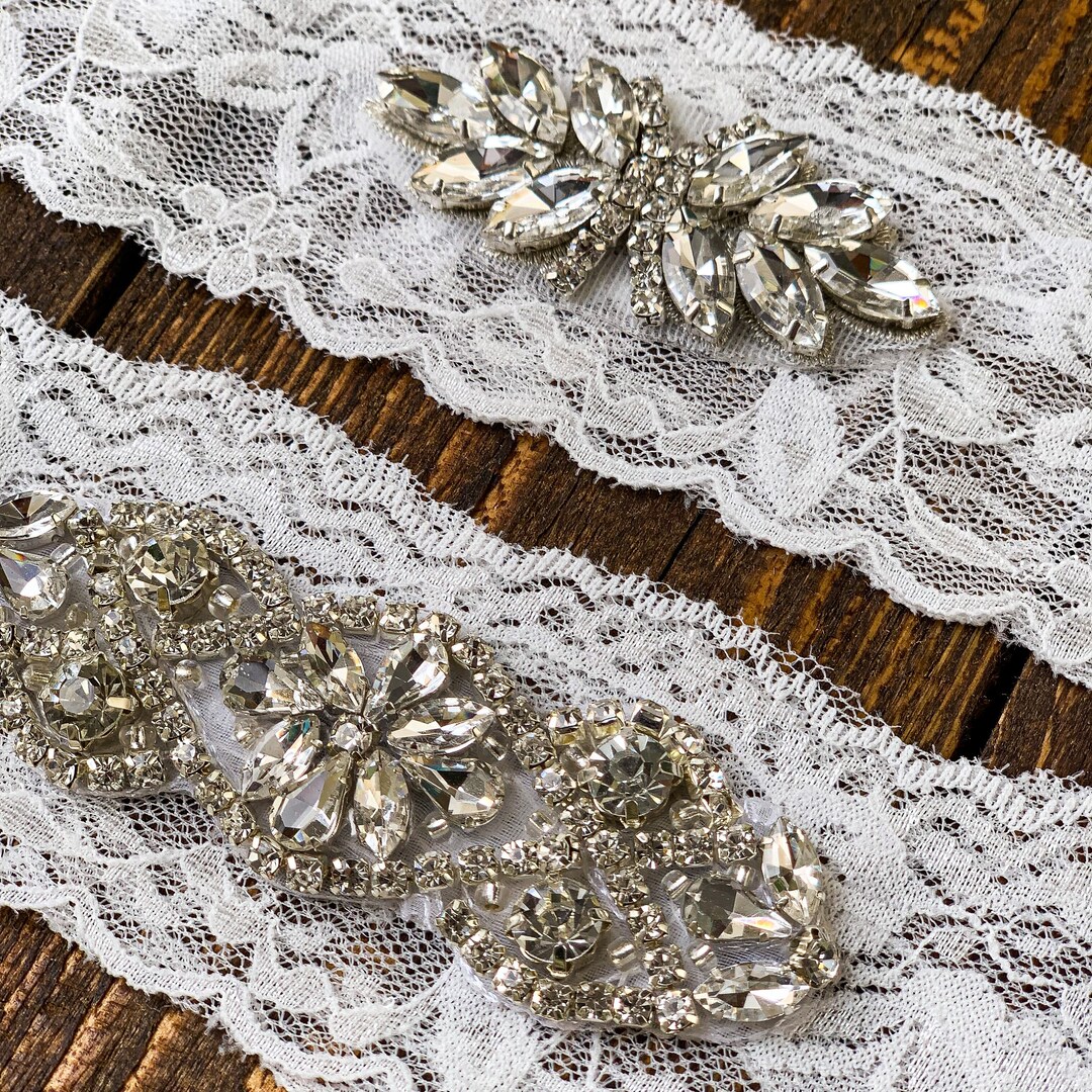 Bridal Garter, Crystal Wedding Garter, Stretch Lace Garter Set in White ...