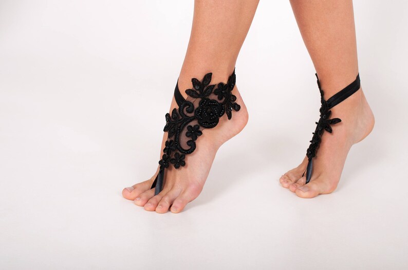 Black Beaded Lace Barefoot Sandals Footless Sandals Nude | Etsy