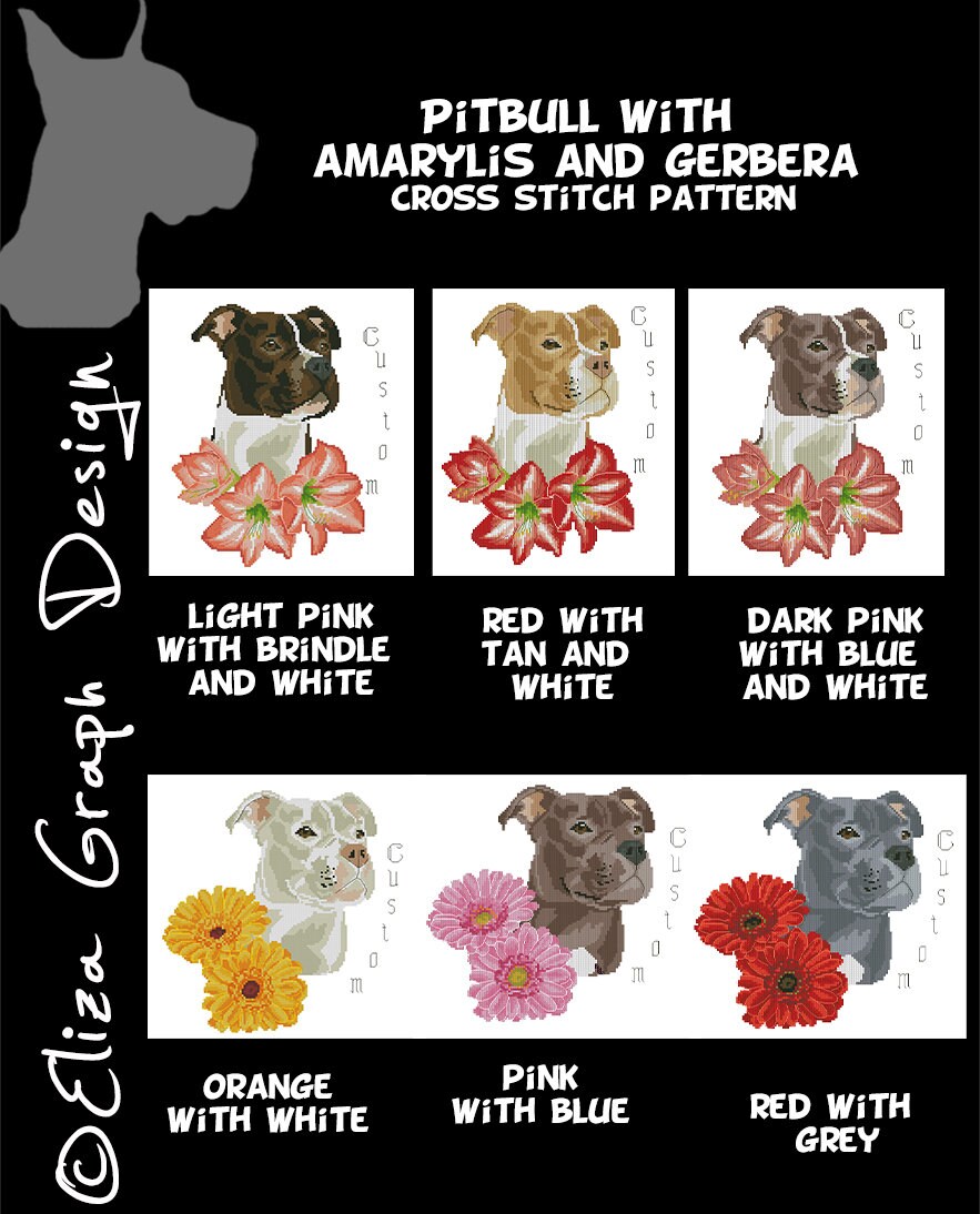 Custom Pitbull Terrier Cross Stitch Pattern, With Chooseable Flowers ...