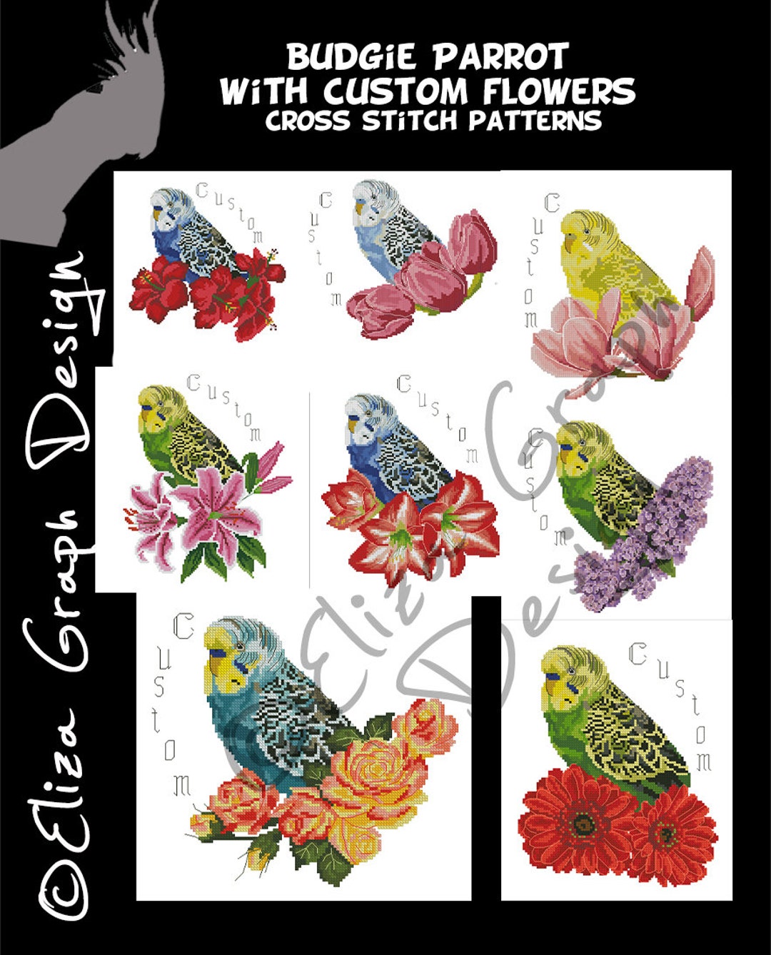 Custom Budgie Parrots Cross Stitch Pattern, With Chooseable Flowers and ...
