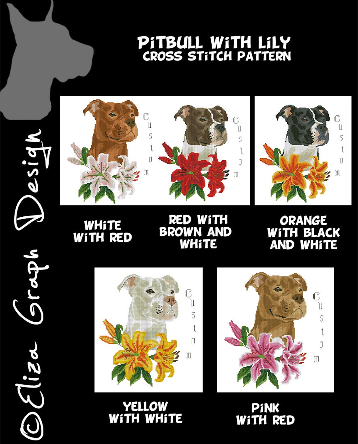 Custom Pitbull Terrier Cross Stitch Pattern, With Chooseable Flowers ...
