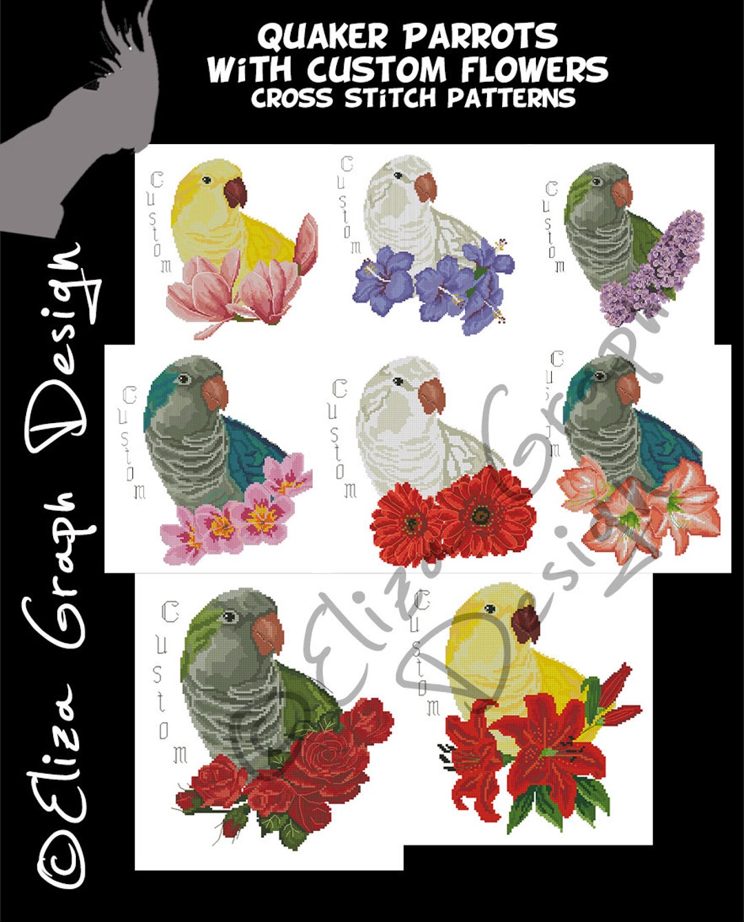 Custom Quaker Parrot Cross Stitch Pattern, With Chooseable Flowers and ...