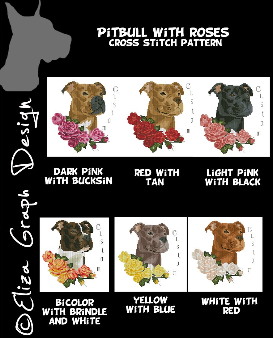 Custom Pitbull Terrier Cross Stitch Pattern, With Chooseable Flowers ...