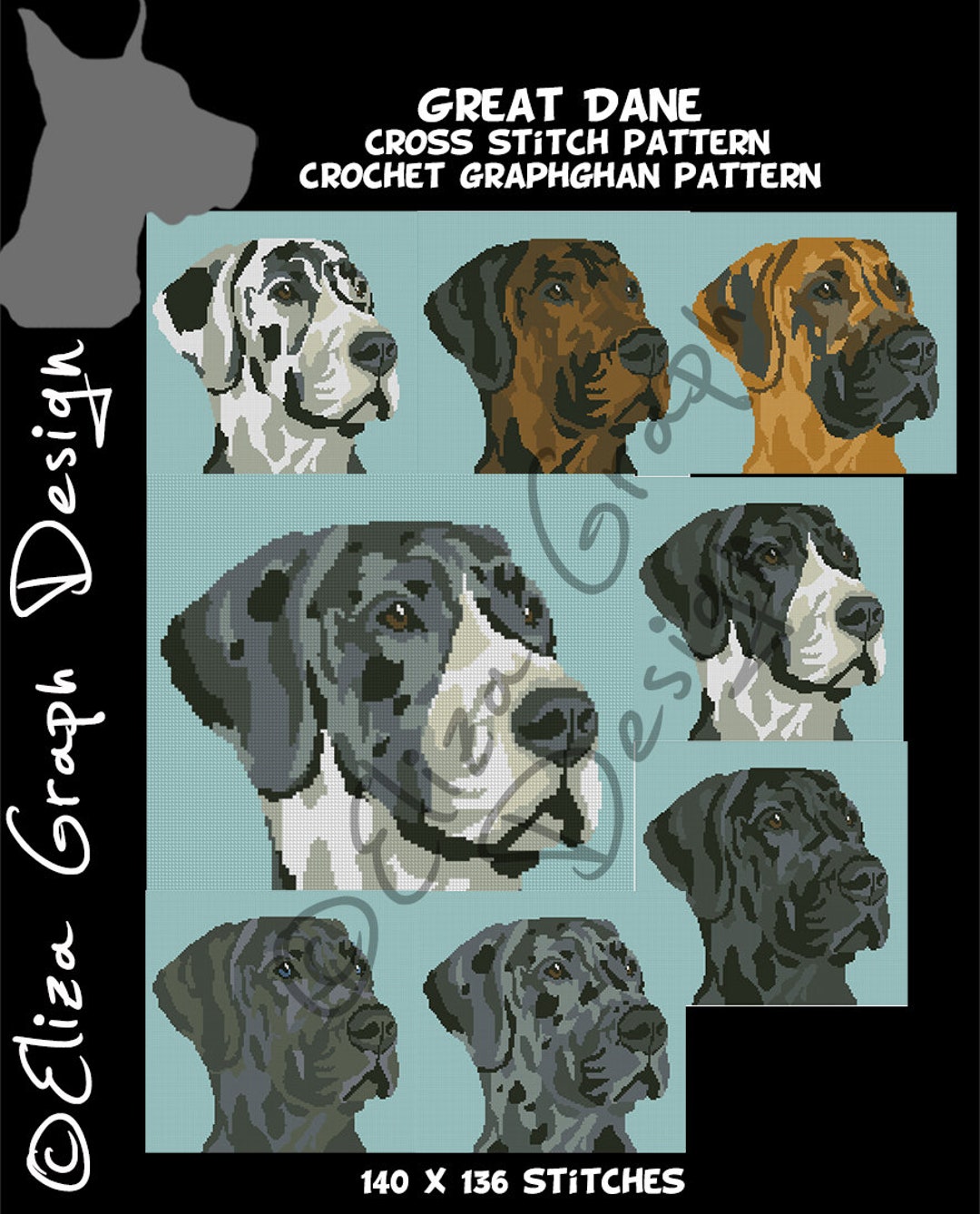 Great Dane CROSS STITCH Pattern, CROCHET Graphghan Blanket Pattern - Etsy