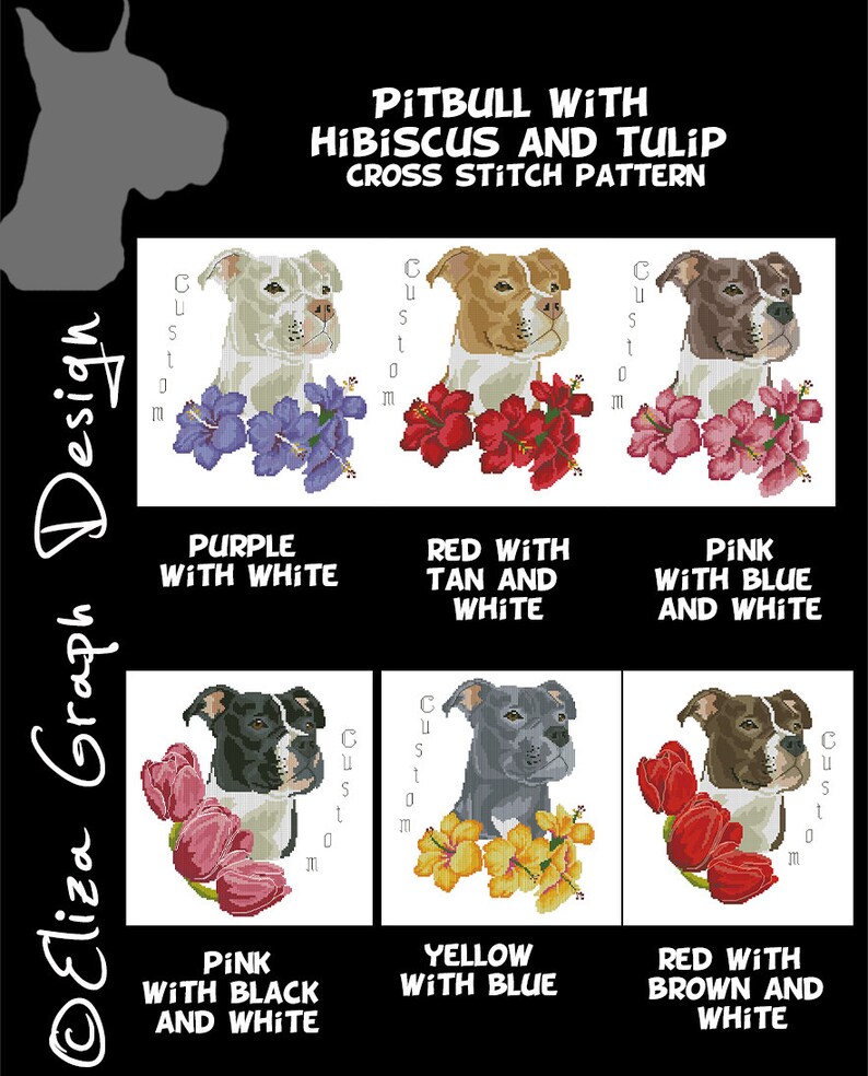 Custom Pitbull Terrier Cross Stitch Pattern, With Chooseable Flowers ...