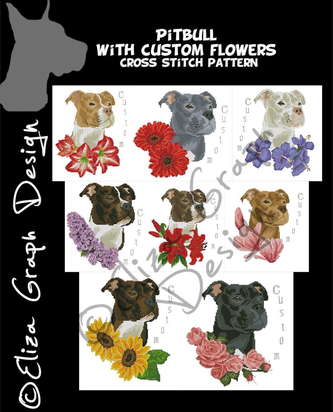 Custom Pitbull Terrier Cross Stitch Pattern, With Chooseable Flowers ...