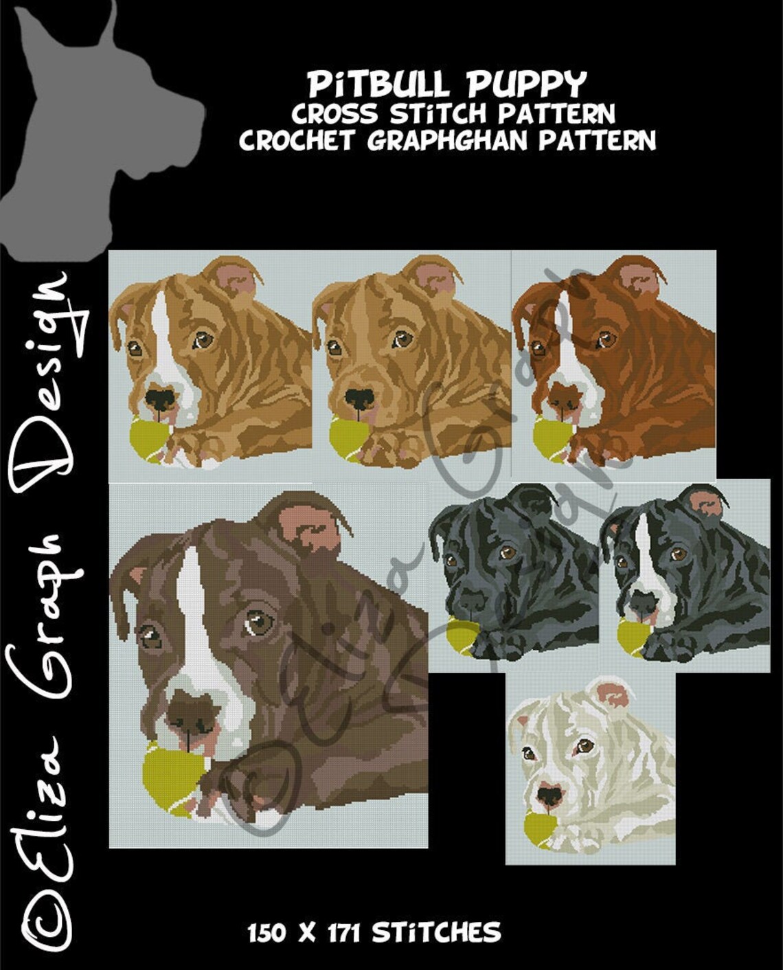 Pitbull Puppy CROSS STITCH Pattern, CROCHET Graphghan Blanket Pattern ...