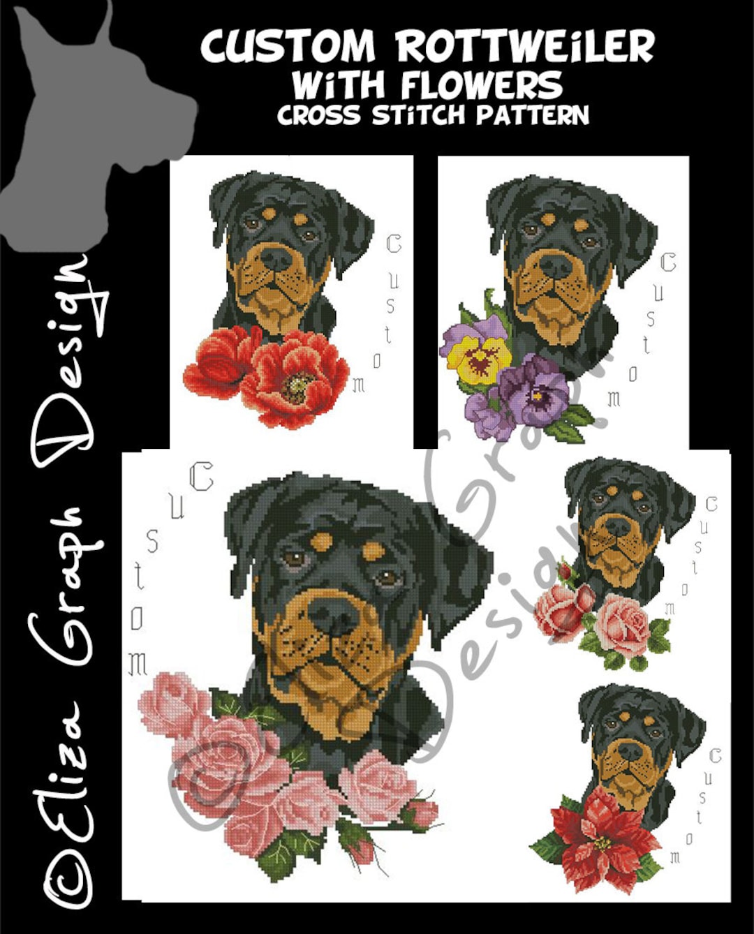 Custom Rottweiler Cross Stitch Pattern With Custom Flowers and Custom ...