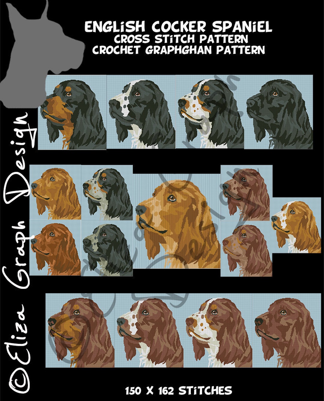 English Cocker Spaniel CROSS STITCH Pattern, CROCHET Graphghan Blanket ...