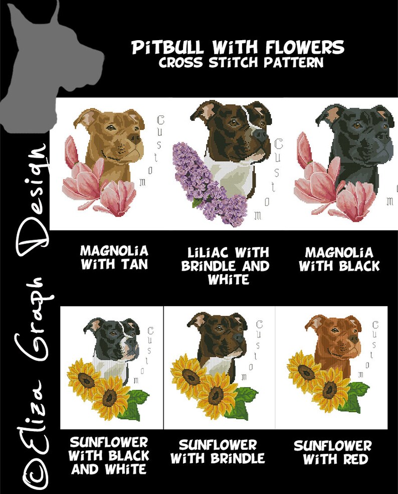 Custom Pitbull Terrier Cross Stitch Pattern, With Chooseable Flowers ...