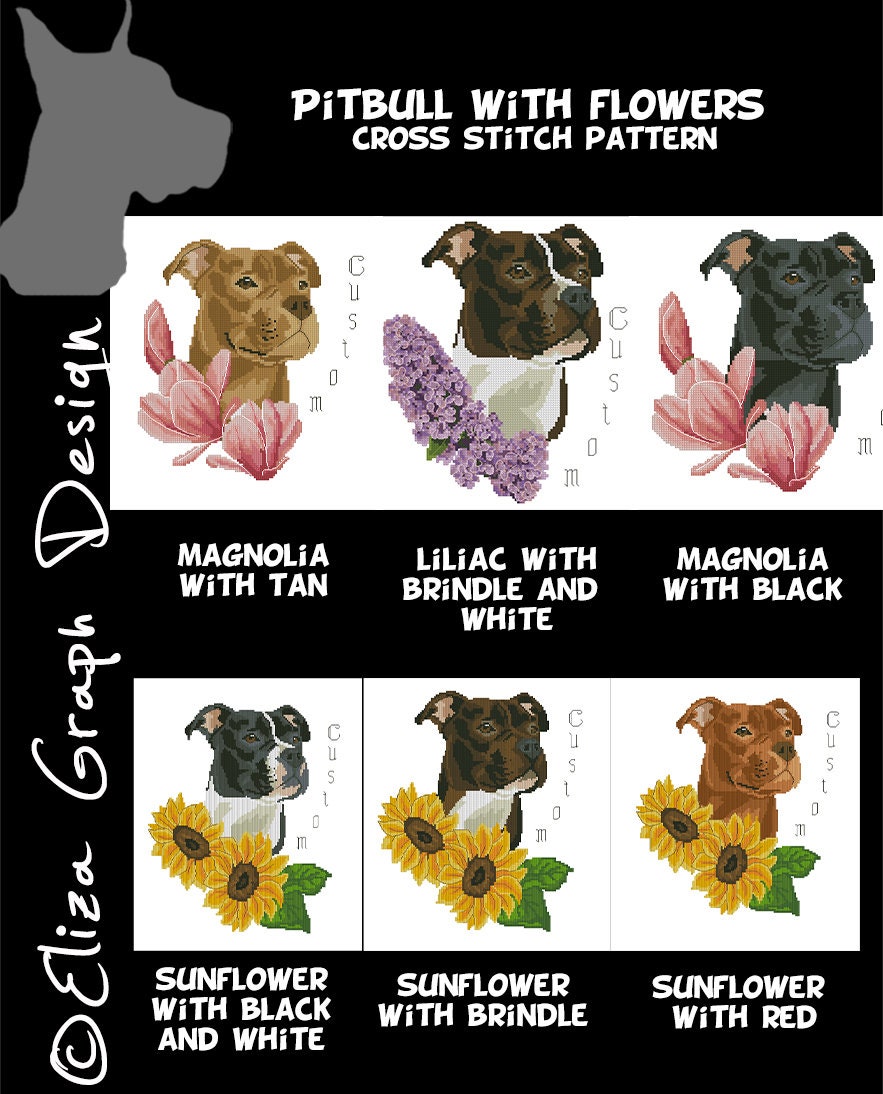 Custom Pitbull Terrier Cross Stitch Pattern, With Chooseable Flowers ...