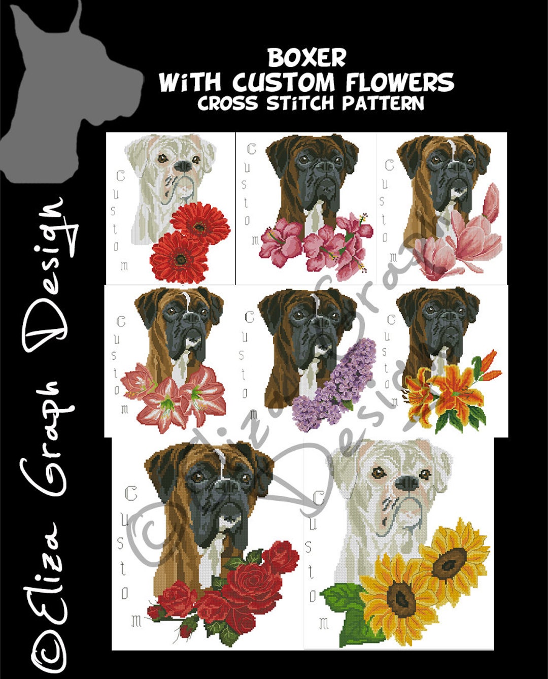 Custom Boxer Cross Stitch Pattern, With Chooseable Flowers and Custom ...