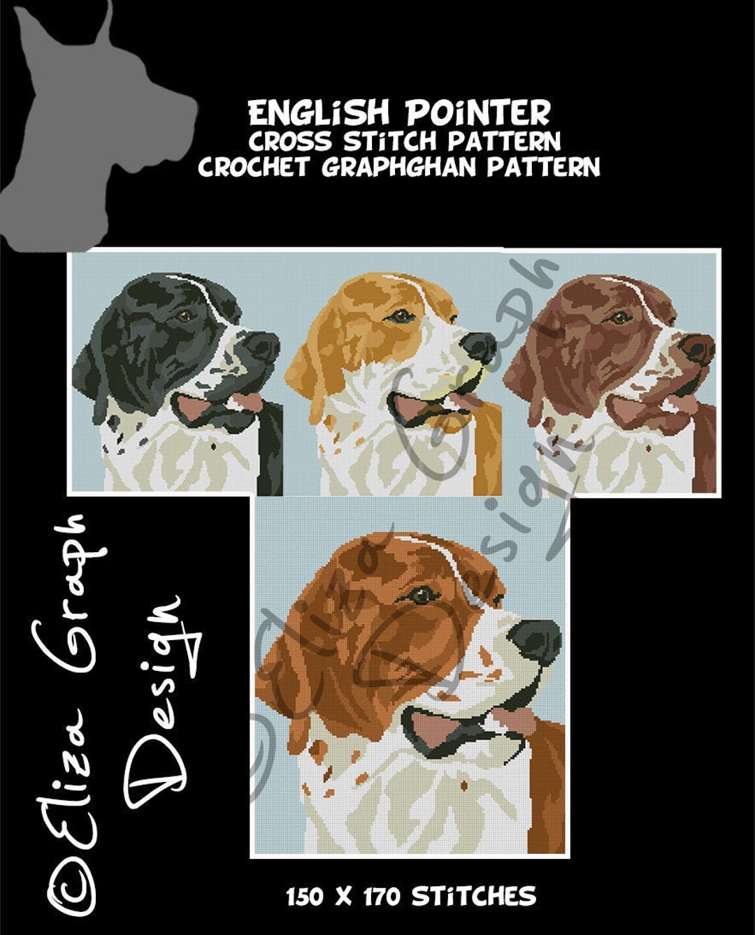 English Pointer CROSS STITCH Pattern, CROCHET Graphghan Blanket Pattern ...