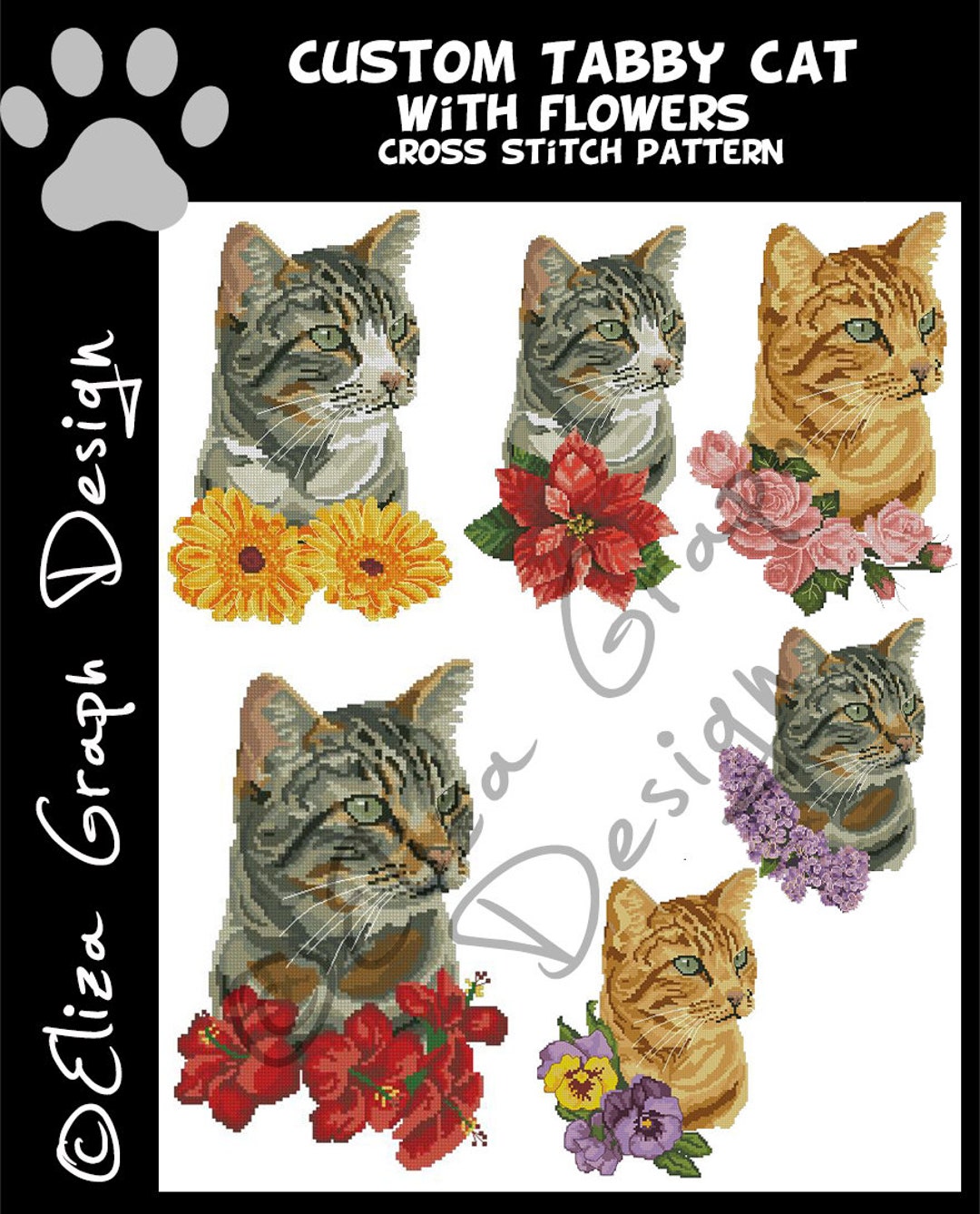 Custom Tabby Cat Cross Stitch Pattern With Chooseable Flowers and ...
