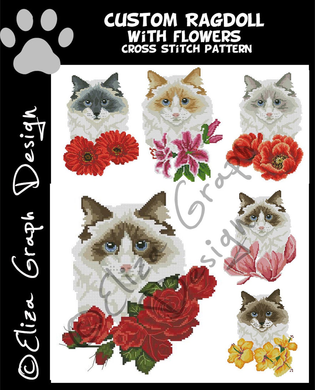 Custom Ragdoll Cat Cross Stitch Pattern With Chooseable Flowers and Custom Name in PDF Counted ...