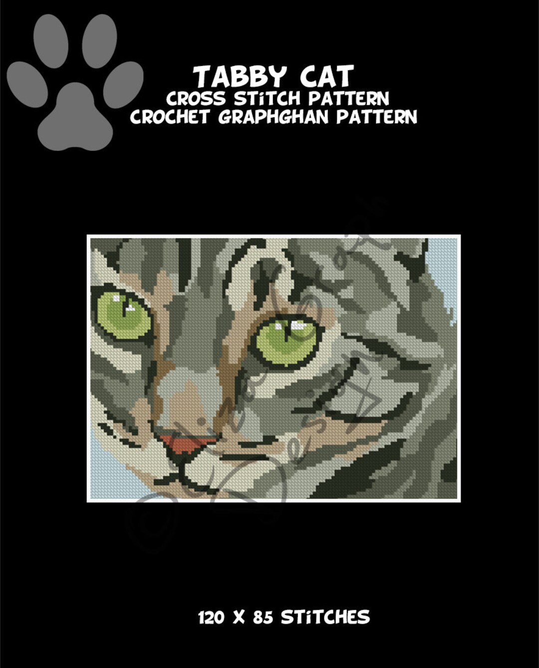 Grey Tabby Cat CROSS STITCH Pattern, CROCHET Graphghan Blanket Pattern ...