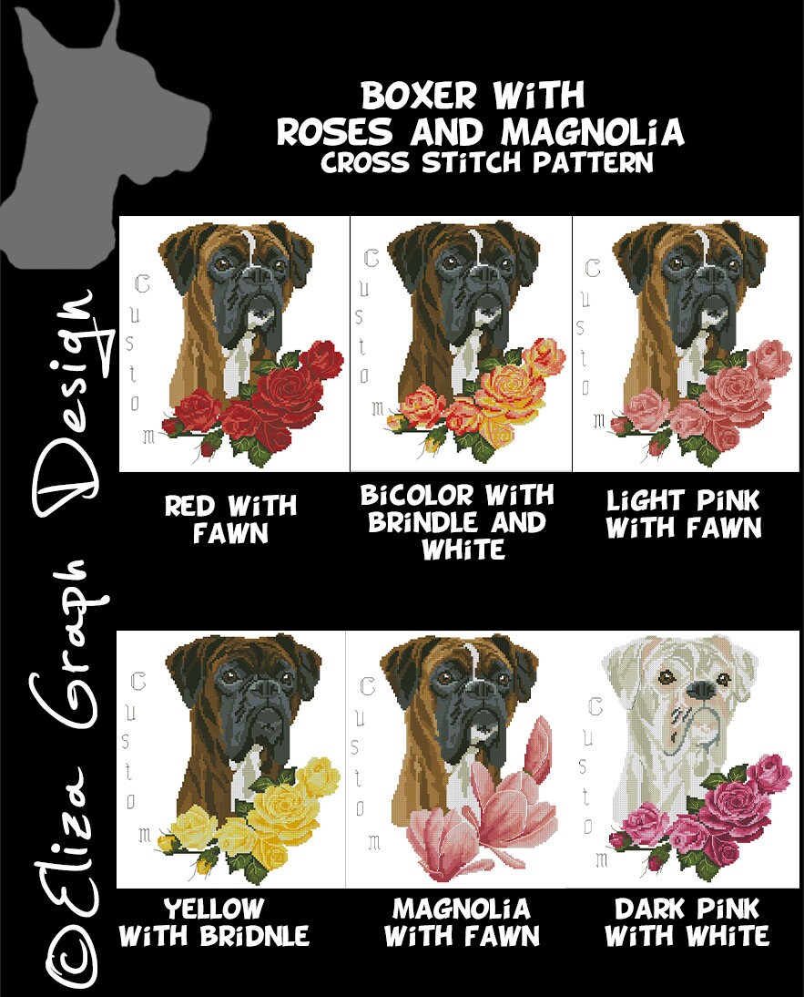 Custom Boxer Cross Stitch Pattern, With Chooseable Flowers and Custom ...