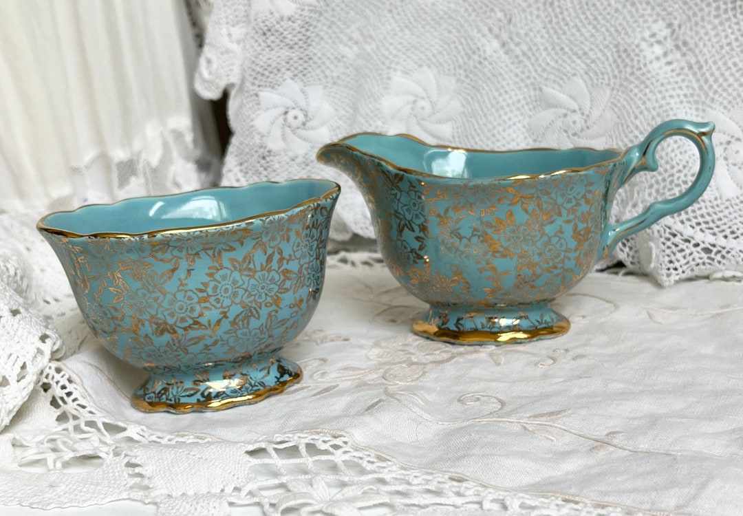 Blue With Gold Flowers Old Foley Set of Sugar and Creamer Old Foley ...