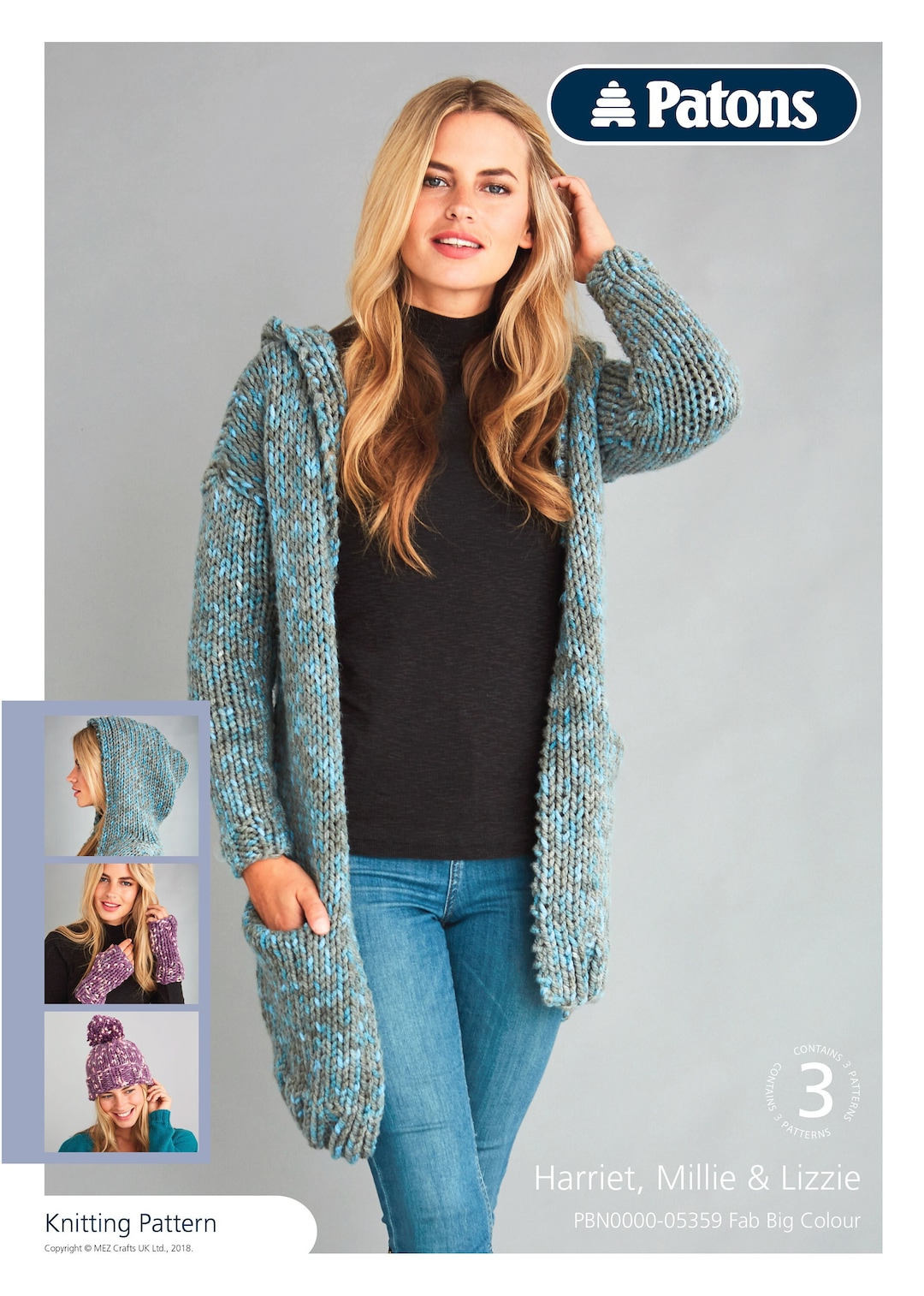 Patons Pattern Leaflet Fab Big Colour Hooded Cardigan Hat Fingerless ...