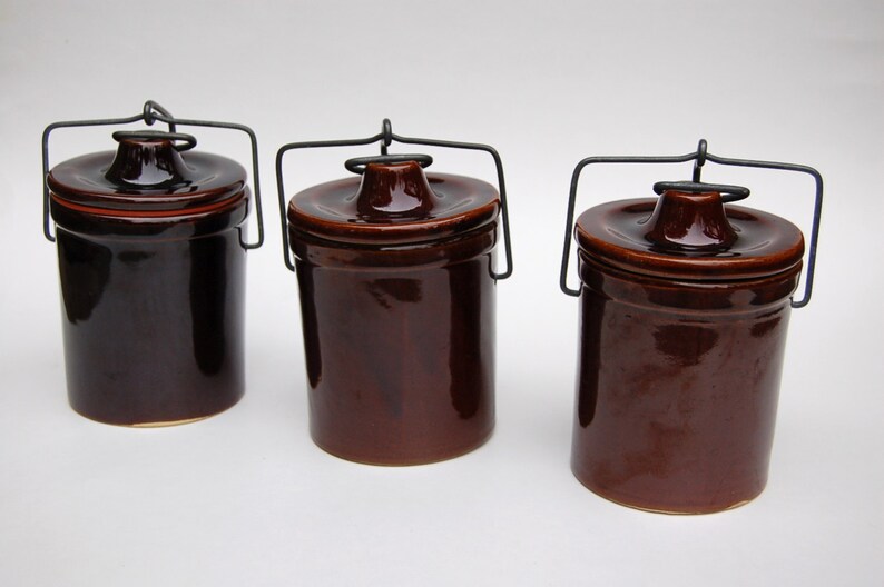 Small 4 Brown Pottery Crocks With Locking Lids Bale | Etsy