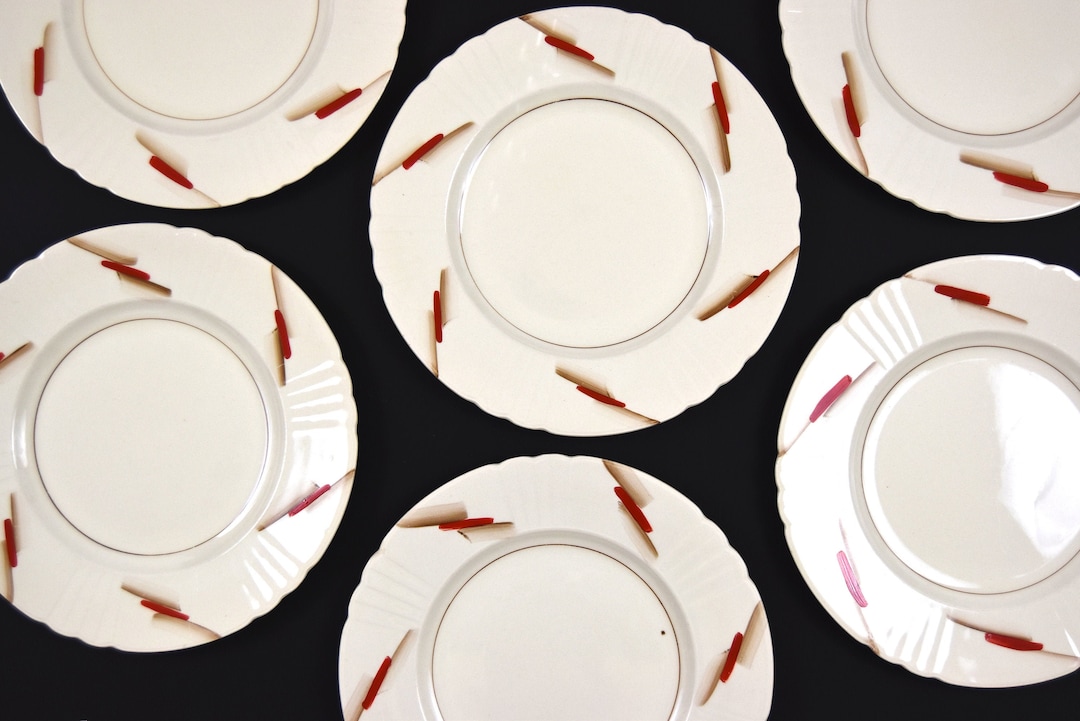 Six Art Deco Dinner Plates | 10" Myott 2188F | Hand Painted Brown ...